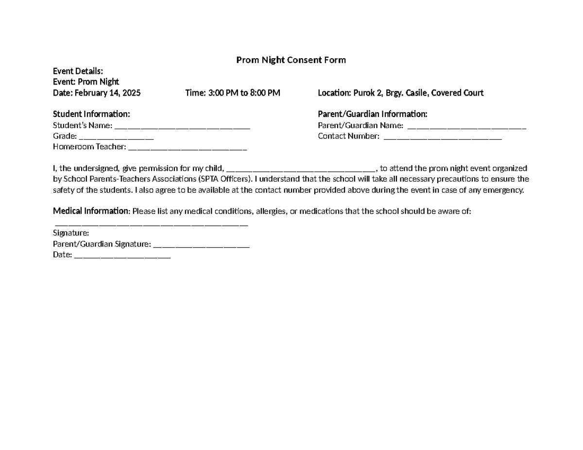 Prom Night Consent Form for SPTA Event - February 14, 2025 - Studocu