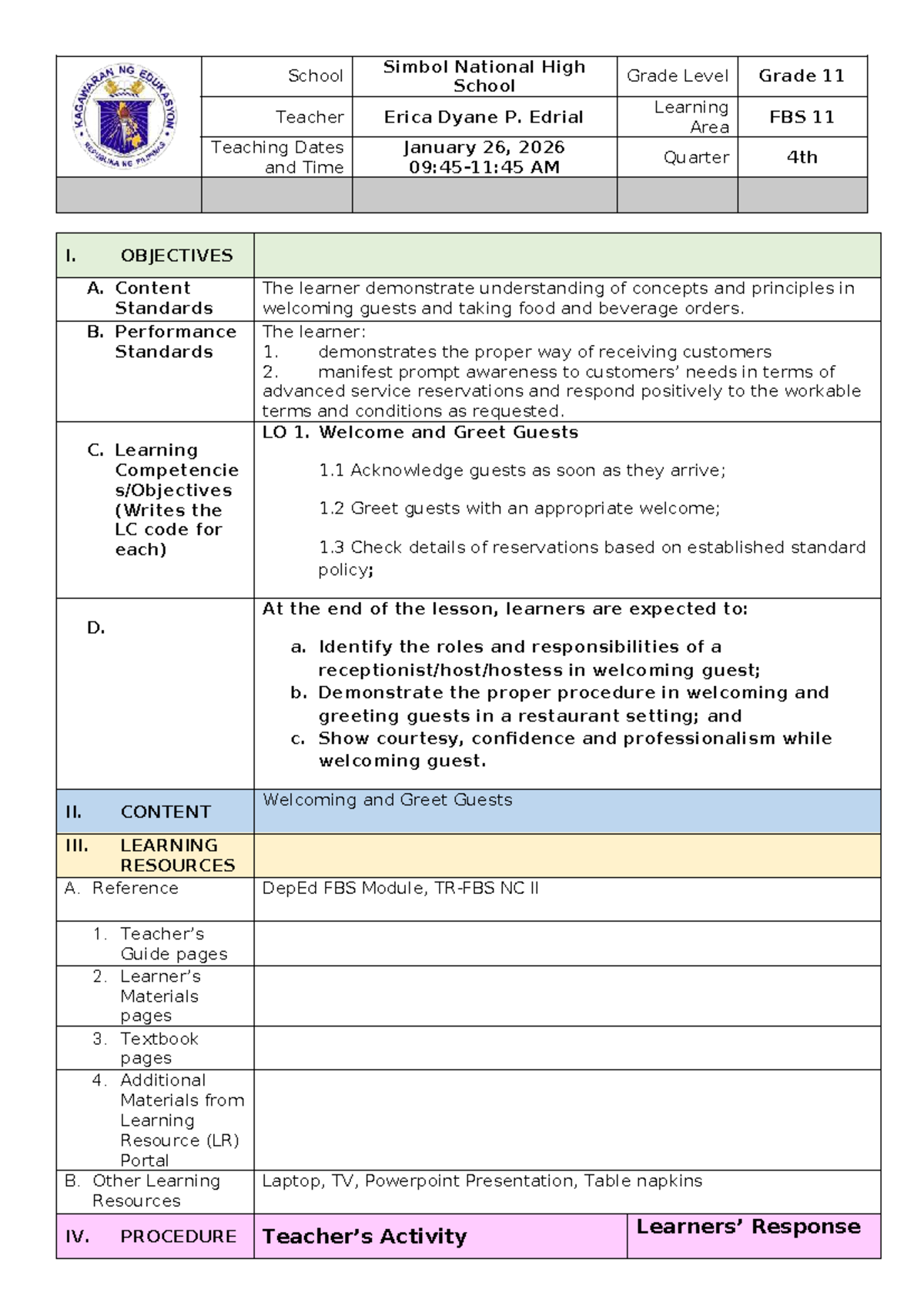 FBS 11 Lesson Plan: Welcoming and Greeting Guests (Grade 11) - Studocu