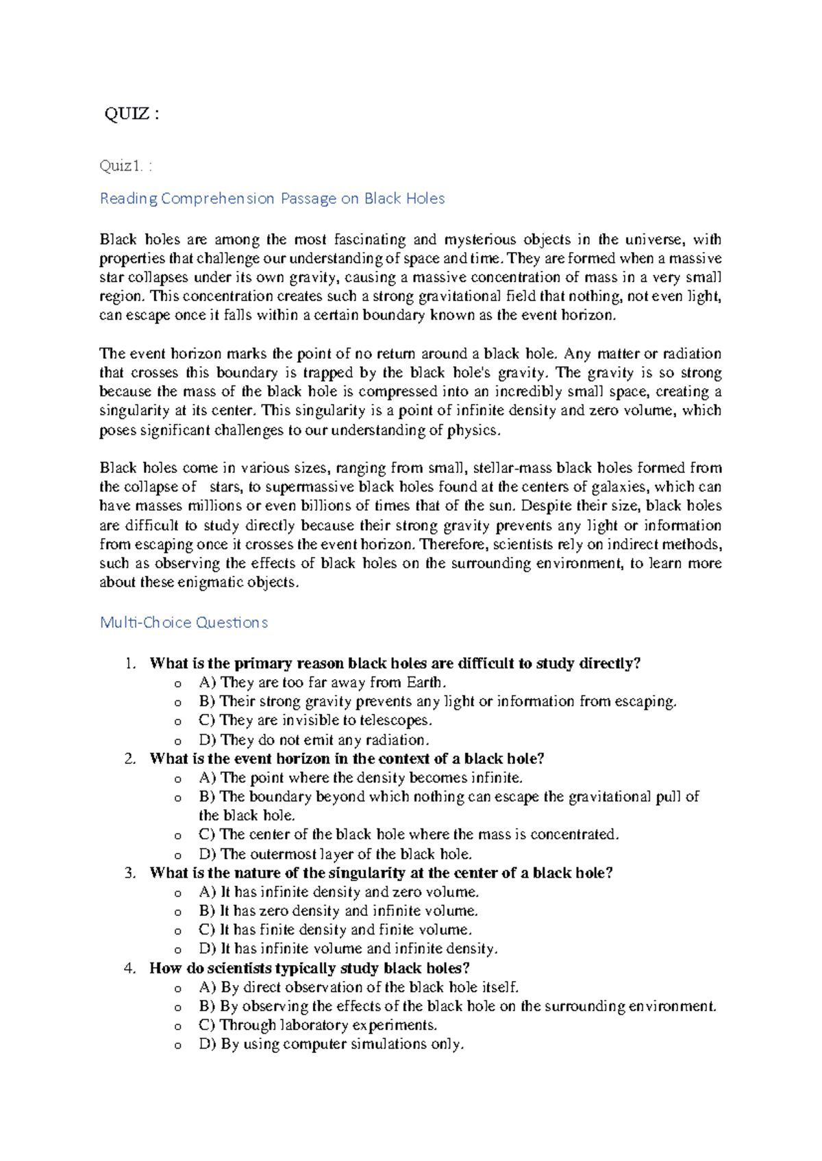 QUIZ: Reading Comprehension on Black Holes and Solar Phenomena - Studocu