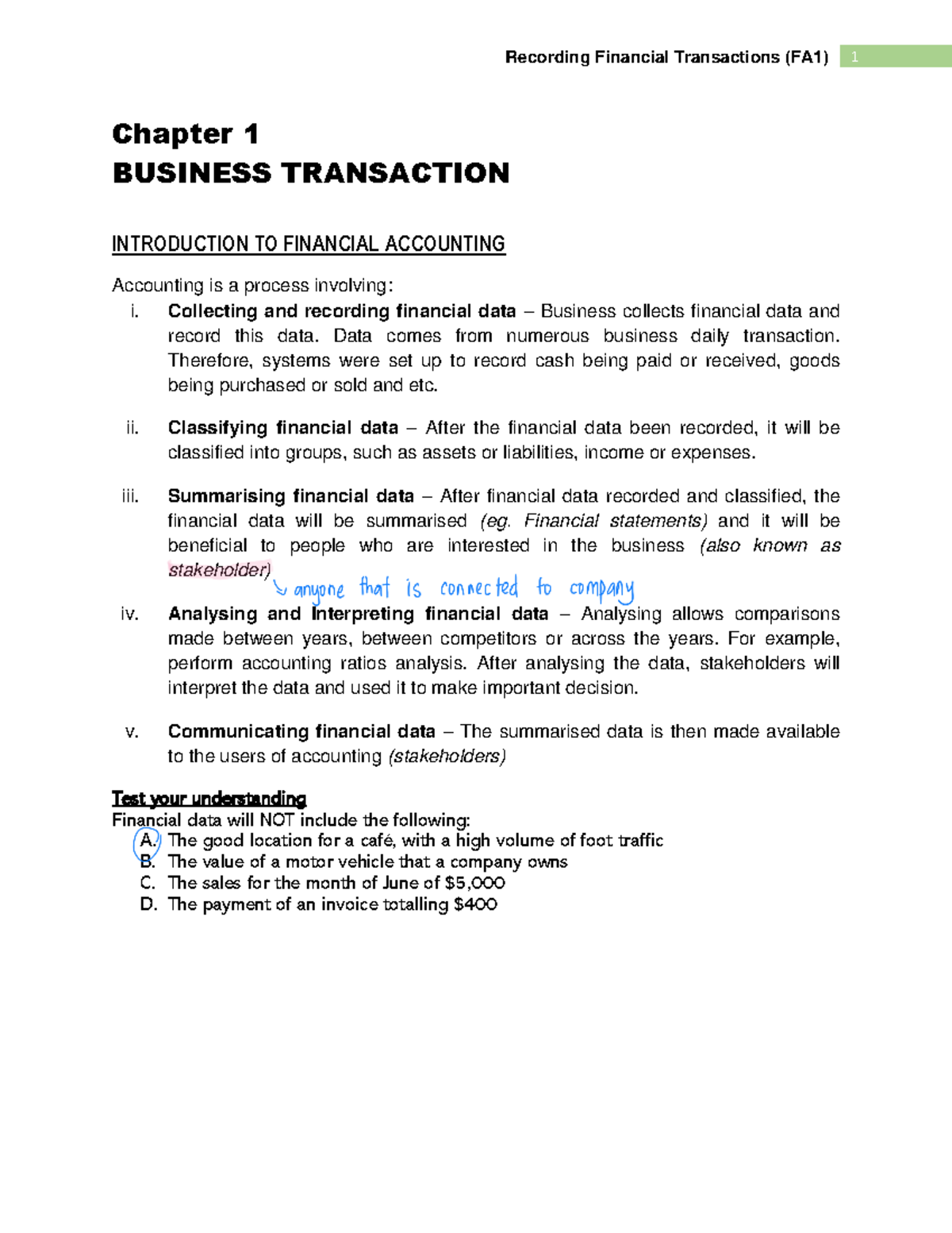 Chapter 1: Introduction to Business Transactions in Accounting - Studocu