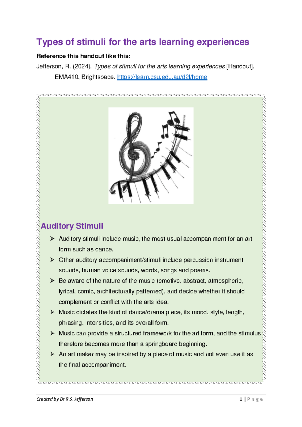 Types of Stimuli for Arts Learning Experiences - EMA410 Handout - Studocu