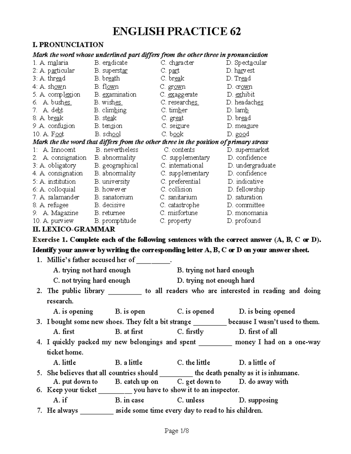 ENGLISH PRACTICE 62: Pronunciation and Grammar Exercises - Studocu