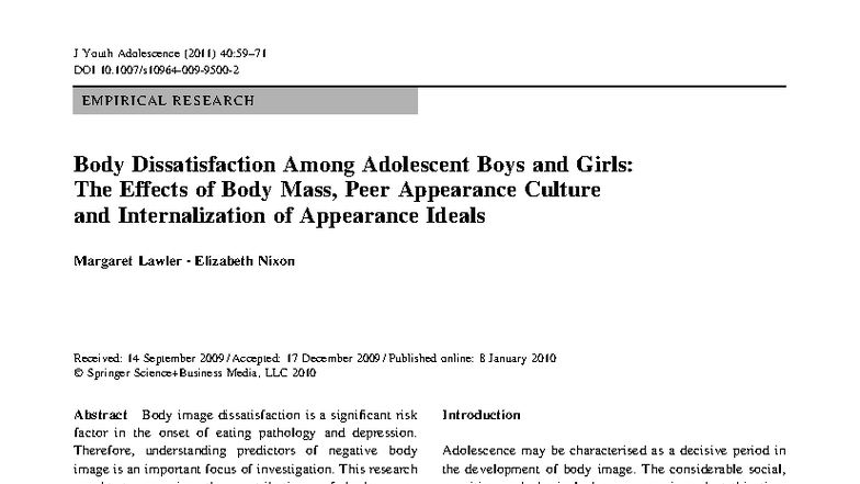 Body Dissatisfaction in Irish Adolescents: BMI, Peer Influence & Ideals ...