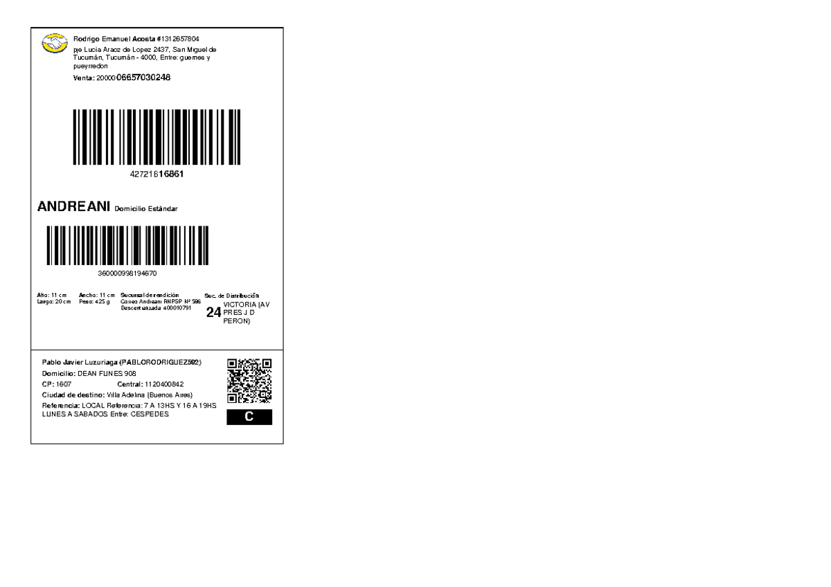 Shipment labels 231021155012 - Rodrigo Emanuel Acosta pje Lucía Araoz de Lopez 2437, San Miguel ...