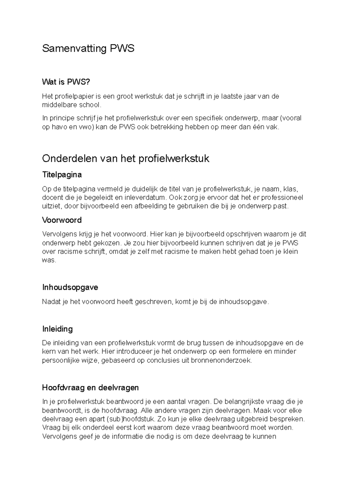 Samenvatting PWS - Inleiding Tot Het Profielwerkstuk - Studeersnel