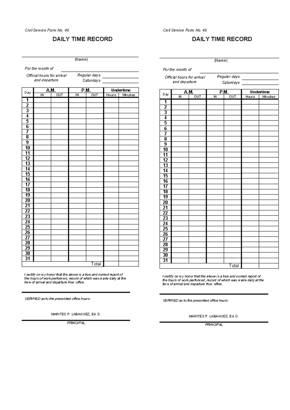 Daily Time Record (DTR) - Civil Service Form No. 48 Completion - Studocu