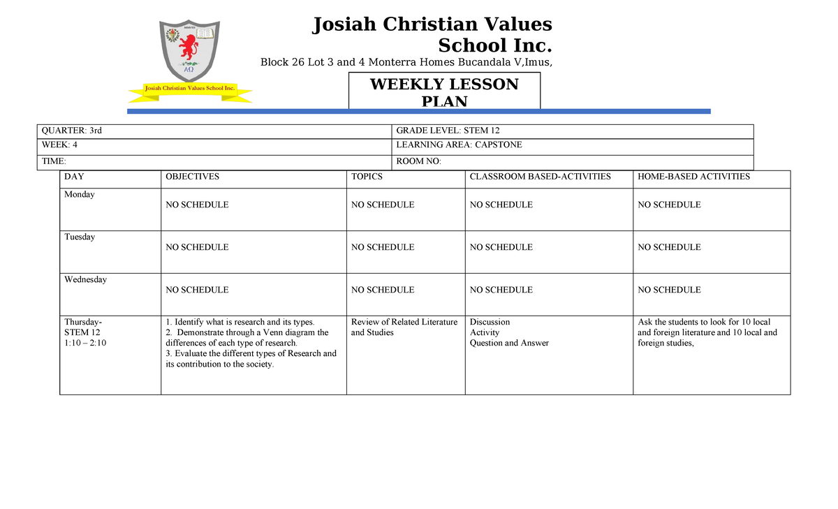 WEEK 4 Capstone - LESSON PLAN - DAY OBJECTIVES TOPICS CLASSROOM BASED ...