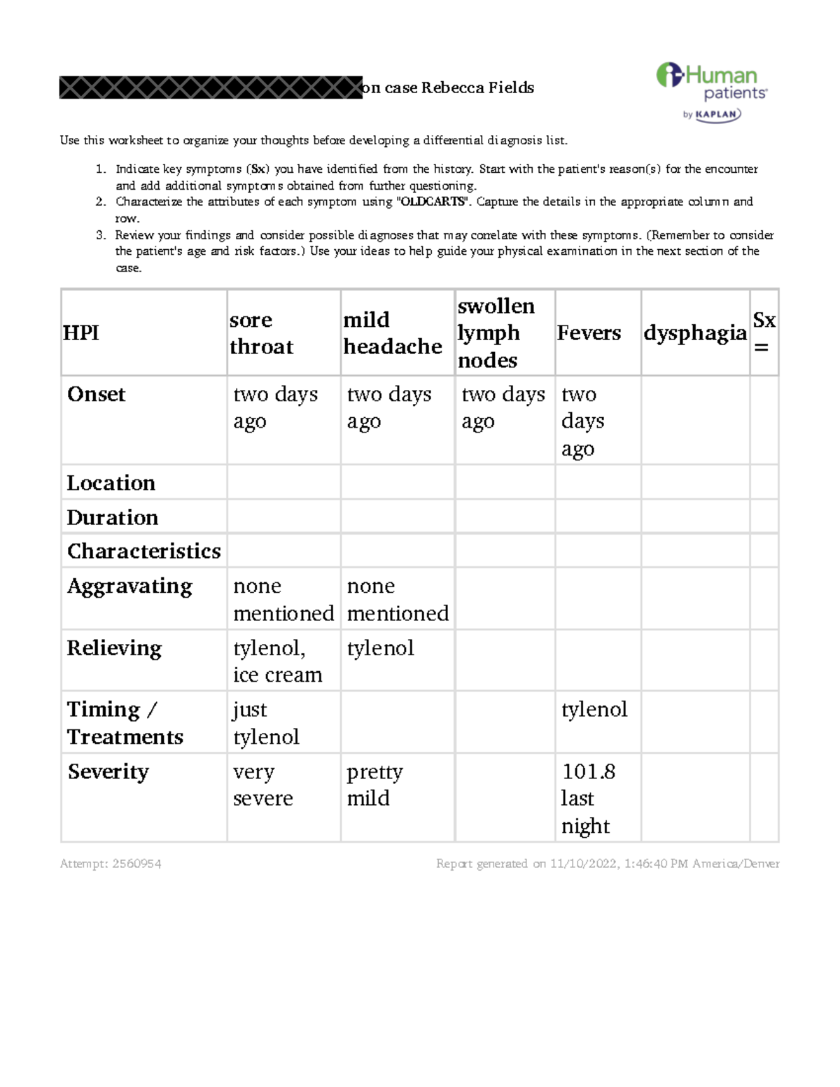 NR509 Week 3 Case Study: Differential Diagnosis for Rebecca Fields ...