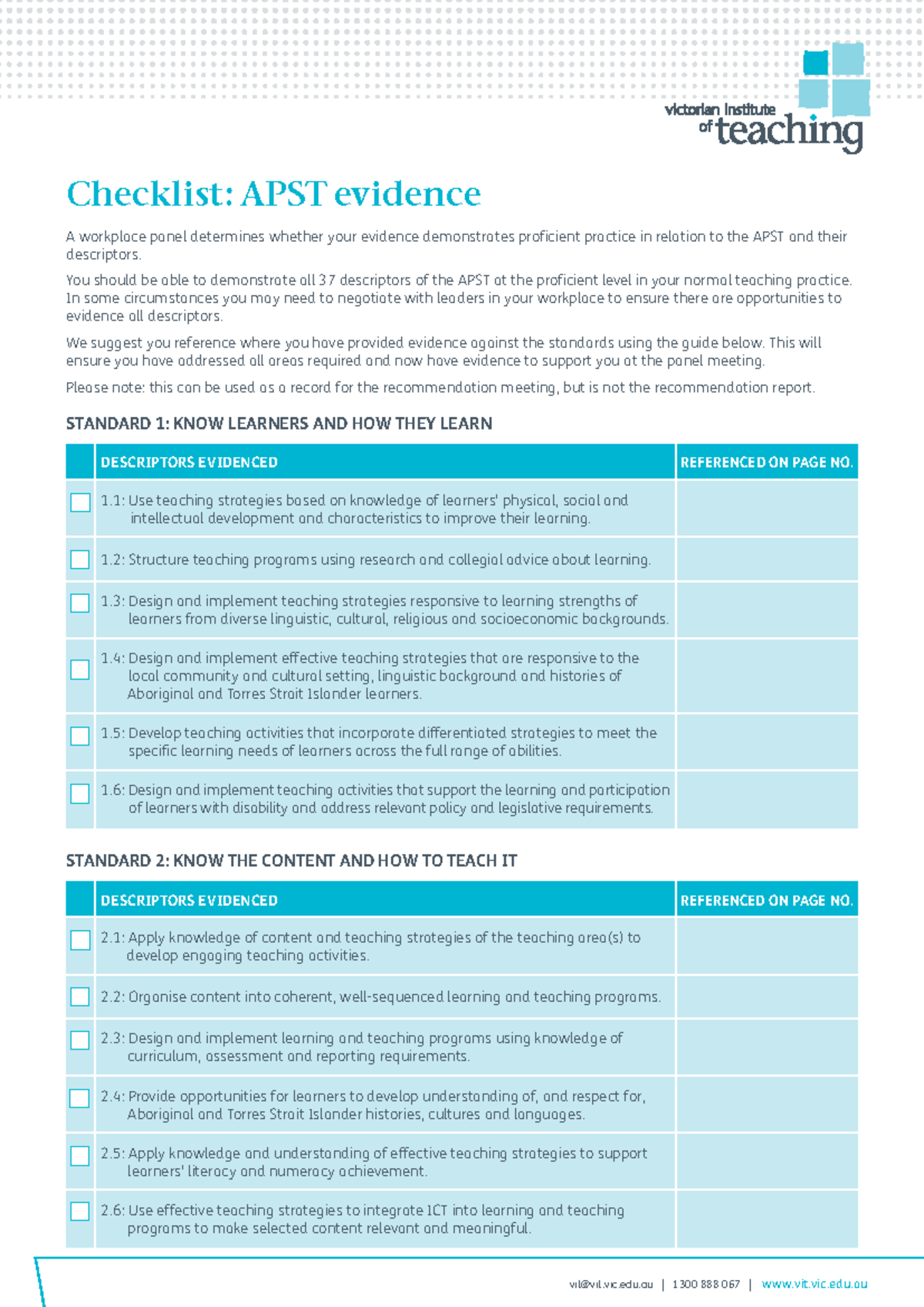 APST-evidence-checklist for Australian teachers - Education - Studocu