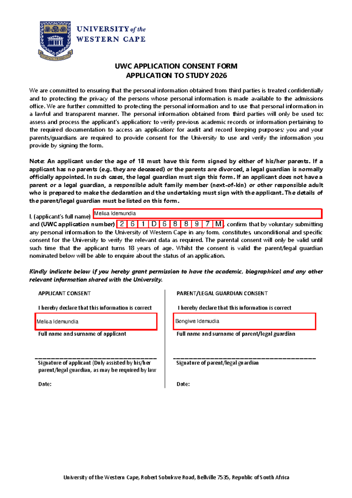 UWC APPLICATION CONSENT FORM FOR STUDY 2026 - Studocu