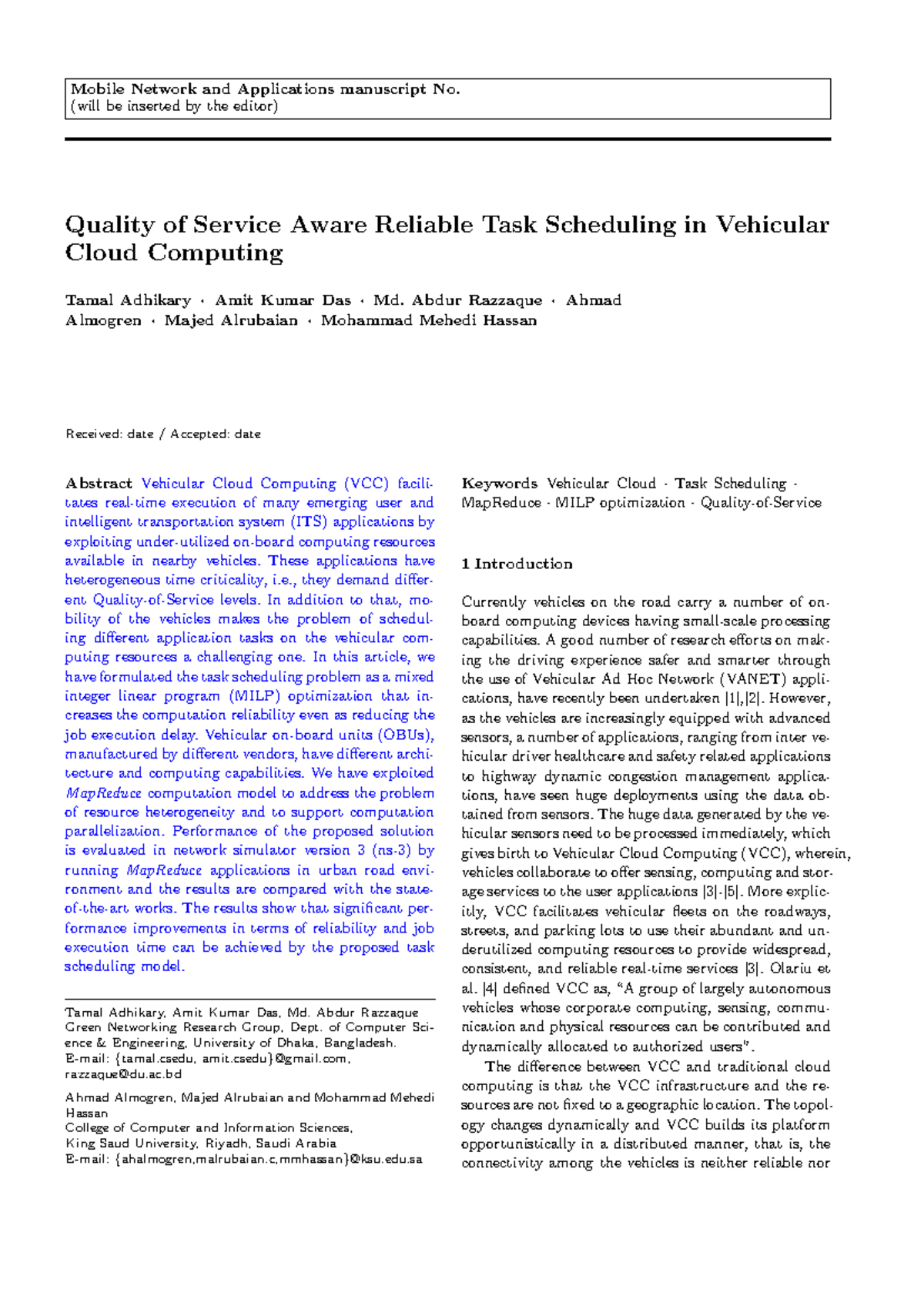 QoS Aware Reliable Task Scheduling in Vehicular Cloud Computing (VCC ...