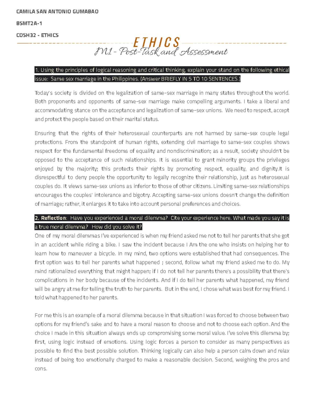 BSMT2A-COSH32 M1 - Post-Task on Ethics: Same-Sex Marriage Analysis - Studocu