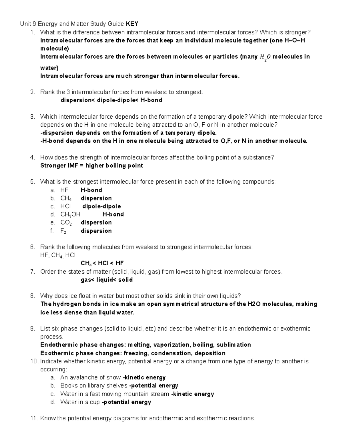 Unit 9 Energy and Matter Study Guide KEY: Forces, Phase Changes, and ...