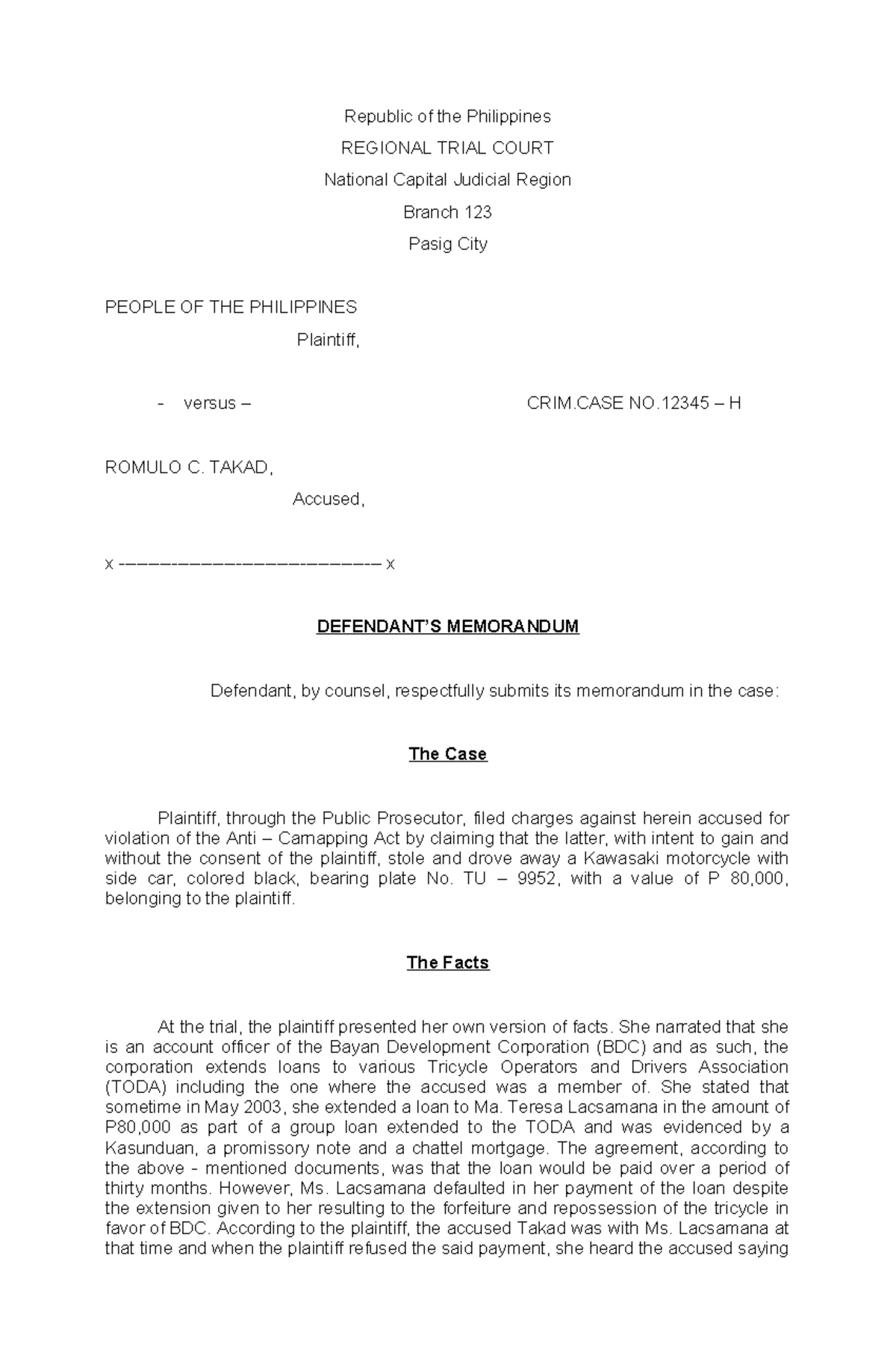 345918071 - Case Study on People vs. Takad: Anti-Carnapping Act - Studocu