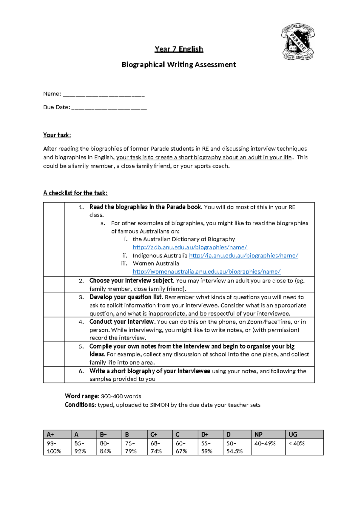 Year 7 English Biographical Writing Assessment Guide - Studocu