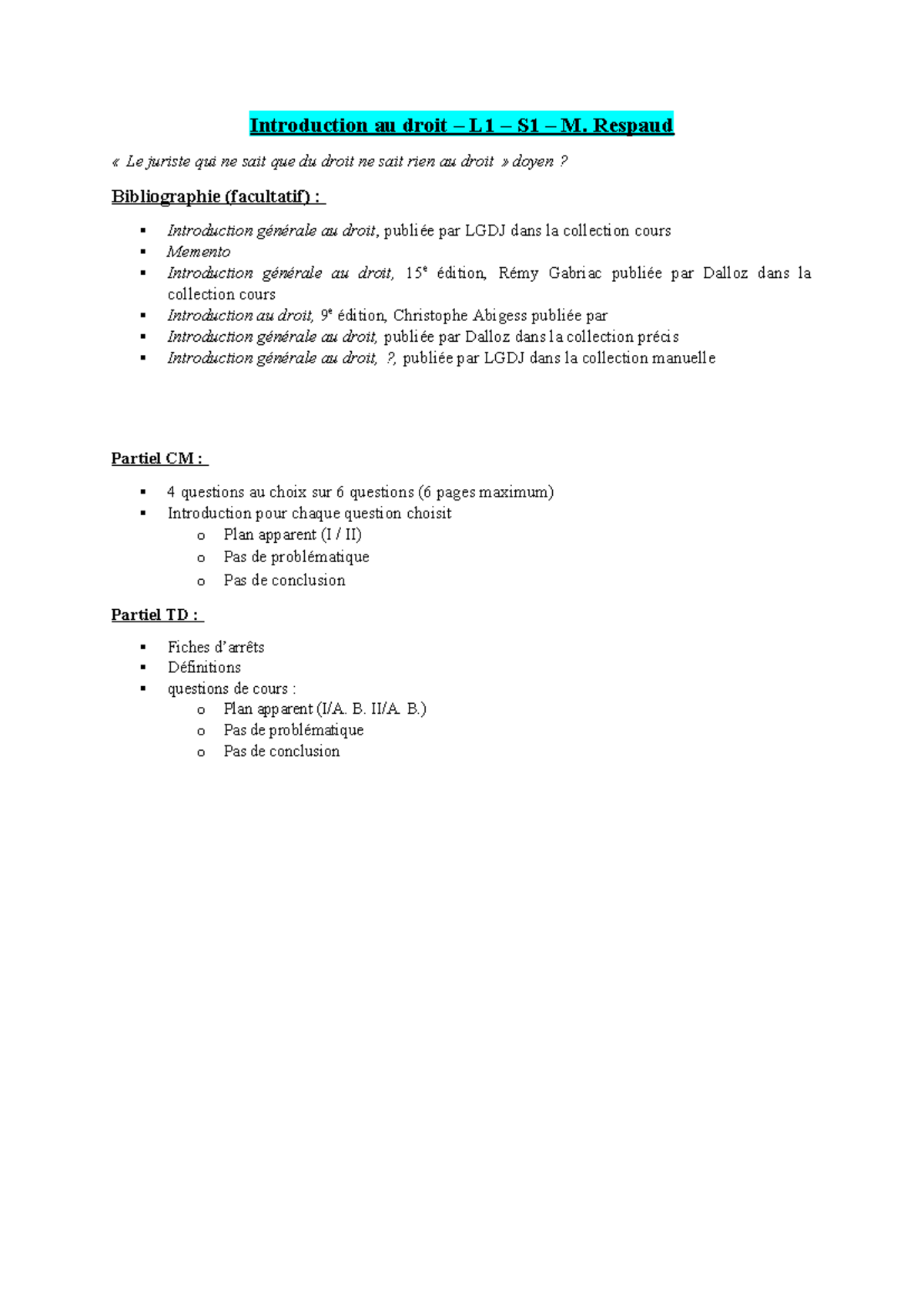 Introduction au droit – L1 – S1 (dernière version - Introduction au ...