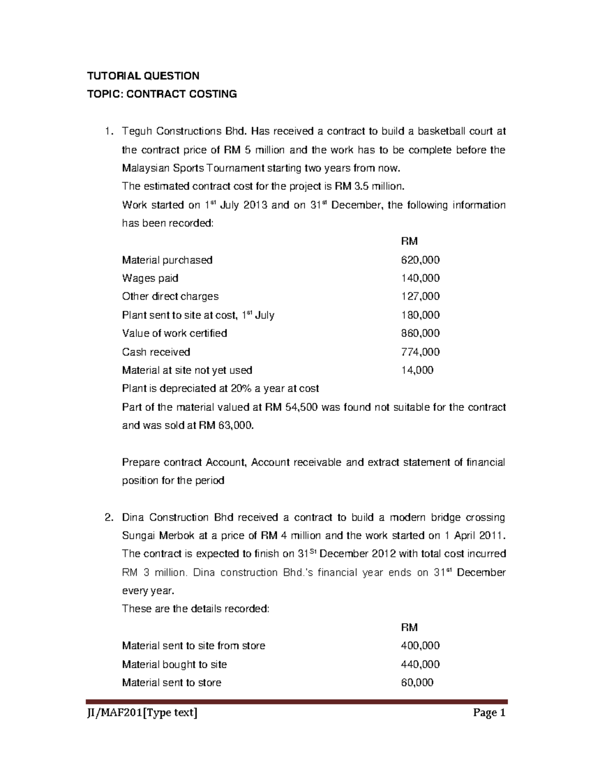 Tutorial Questions on Contract Costing for ACC 101 - Studocu