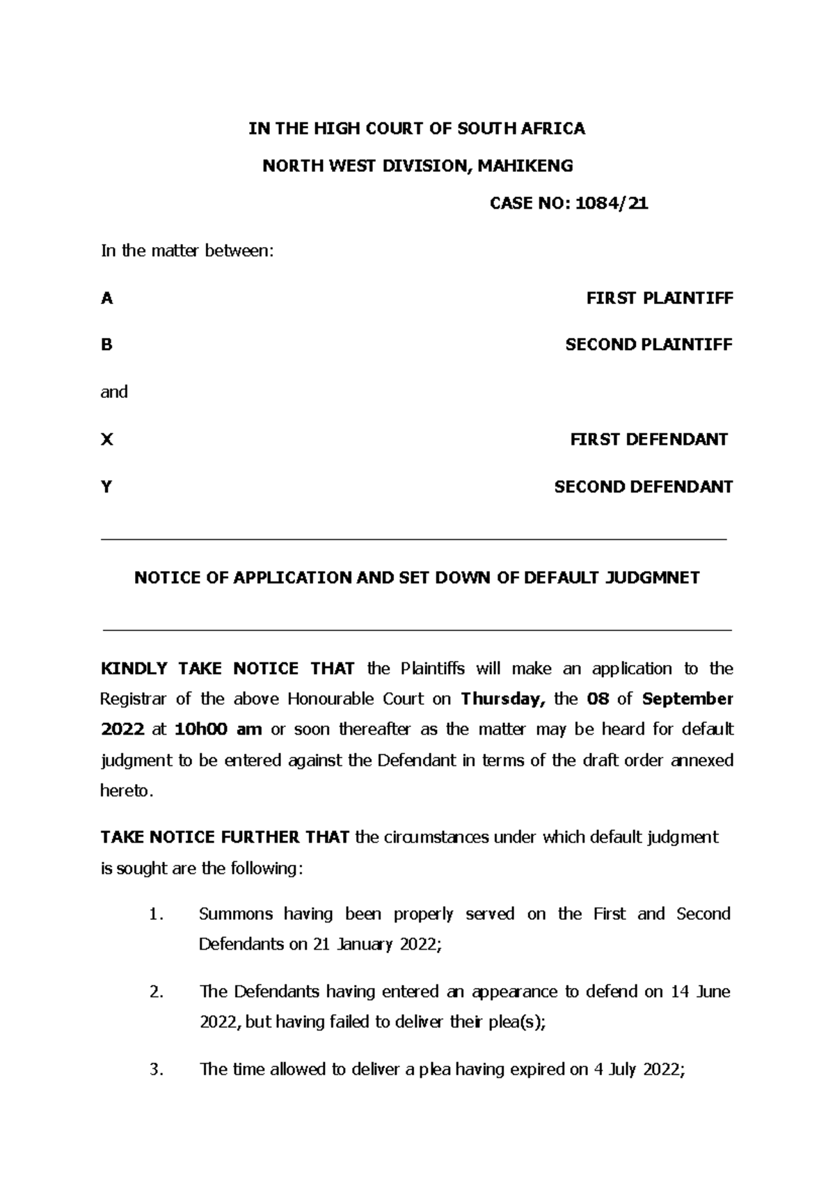 Default Judgment Application Example - Case No: 1084/21 - Studocu