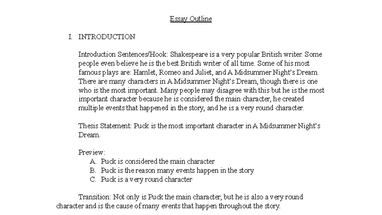 Shakespeare - Essay Outline on Puck's Role in A Midsummer Night's Dream ...