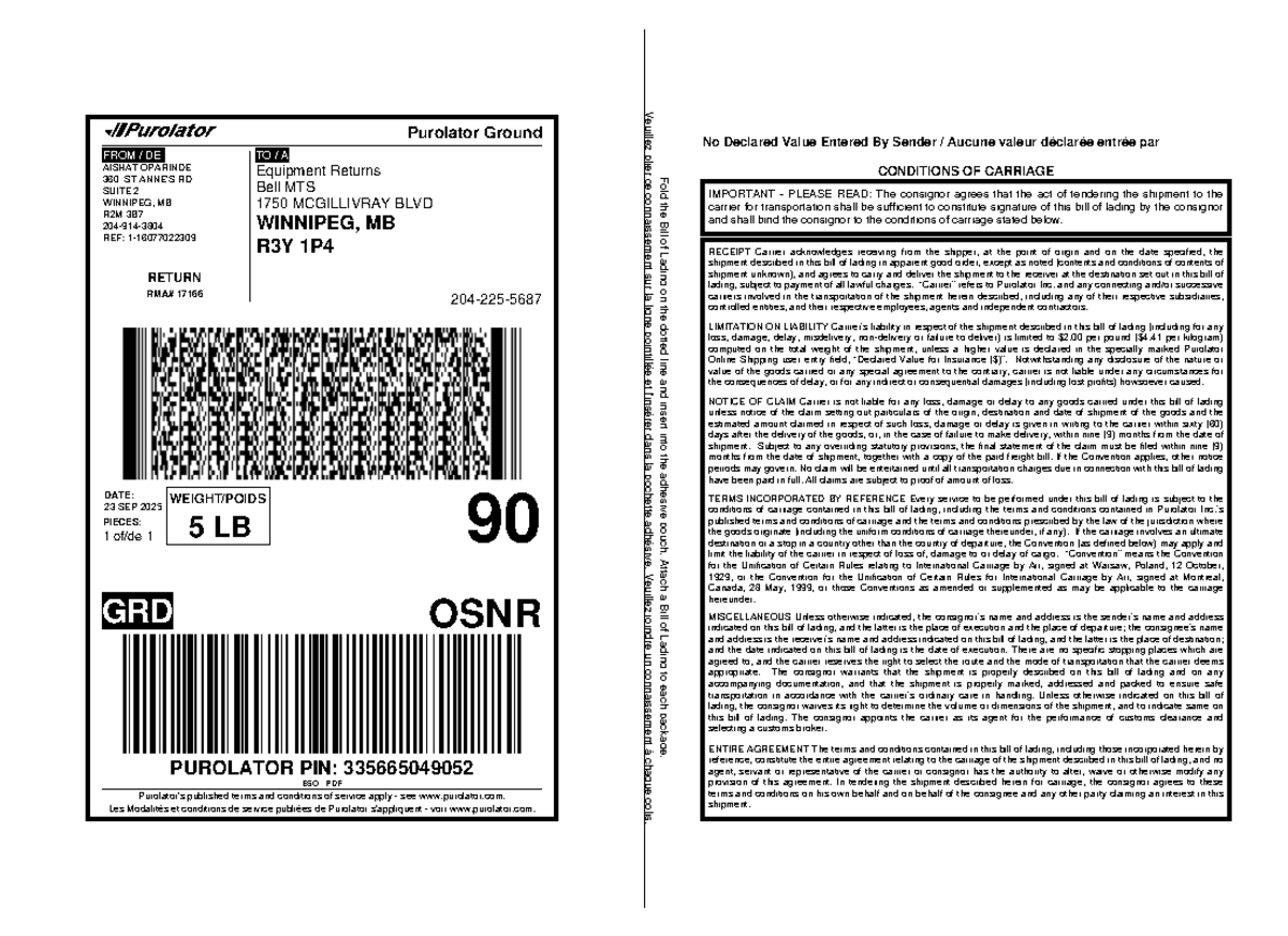 Purolator Equipment Return Instructions and Conditions - Studocu