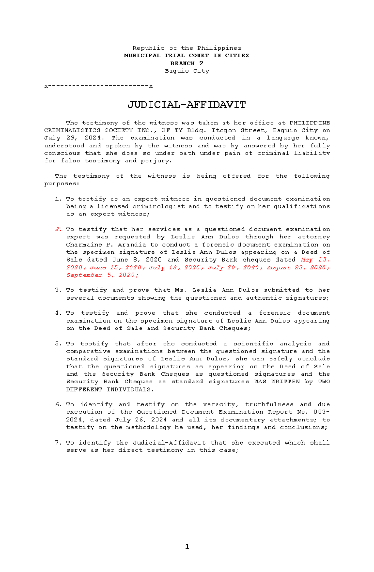 Judicial Affidavit Sample for Forensic Document Examination - Studocu