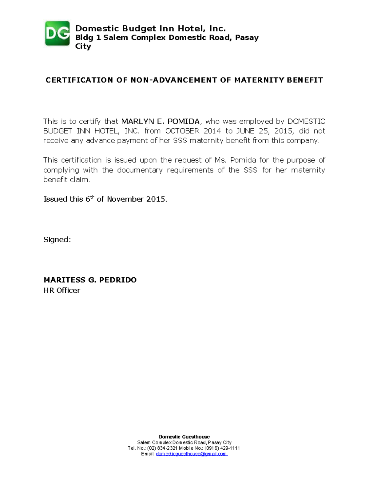 Certification of Non-Advancement of Maternity Benefit for SSS - Marlyn ...