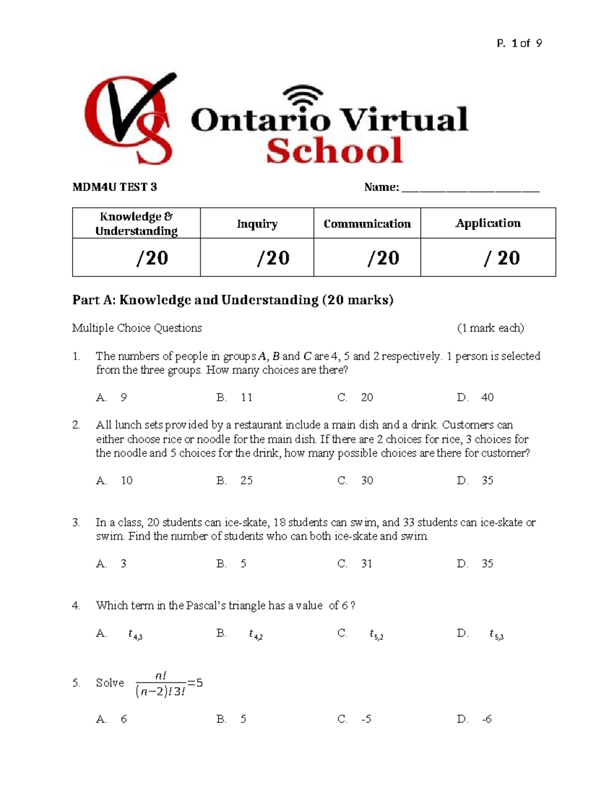 MDM4U Unit Test 3 2024: Knowledge, Understanding, and Application - Studocu