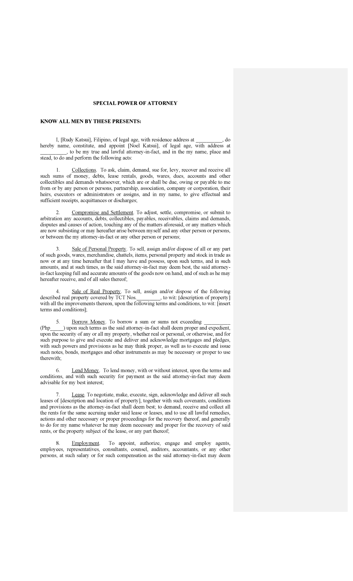 Sample Special Power of Attorney (SPA) Document - Studocu