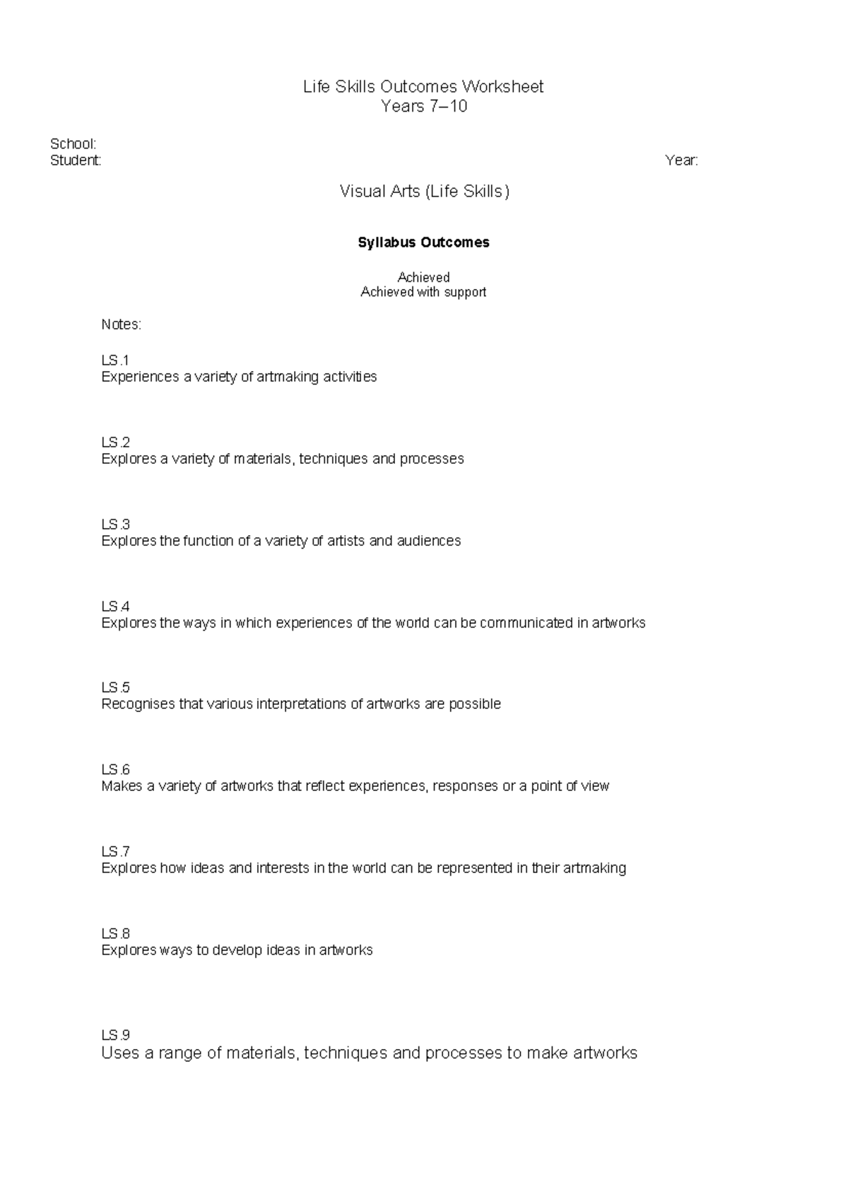 Visual Arts Life Skills Outcomes Worksheet (LS) - Studocu