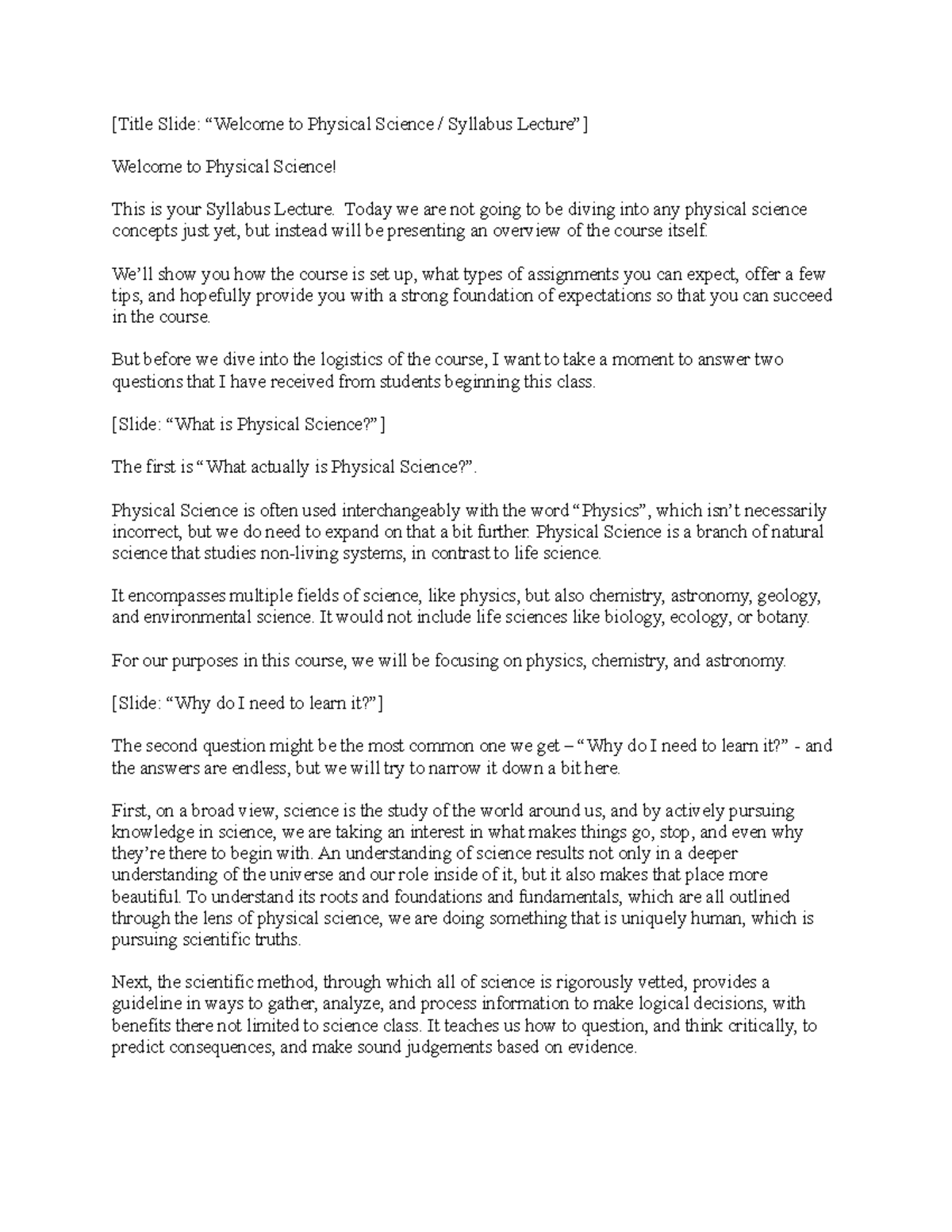 Physical Science Syllabus Overview: Course Expectations & Assignments ...