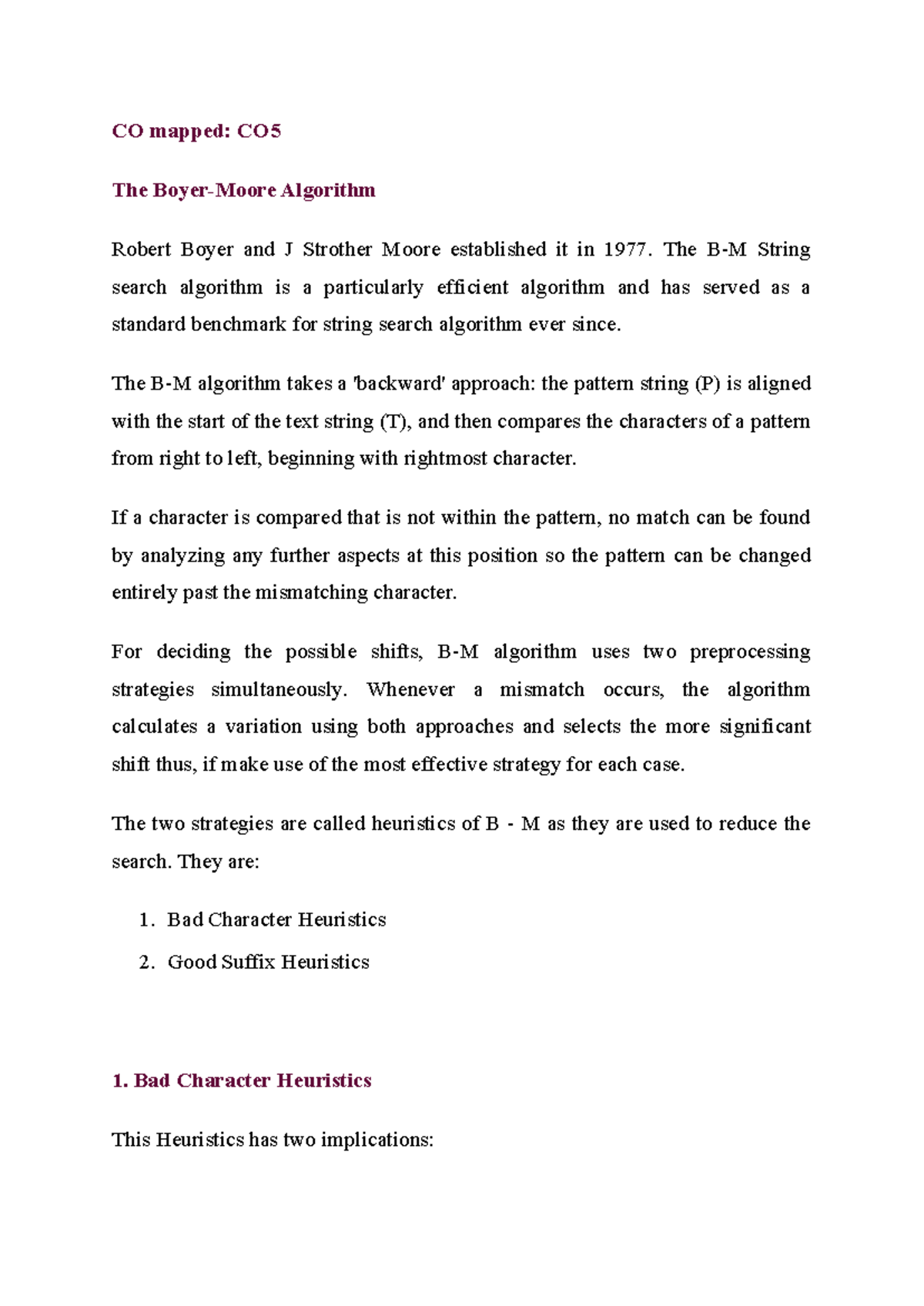 CO5: Boyer-Moore Algorithm Overview and Heuristics - Studocu