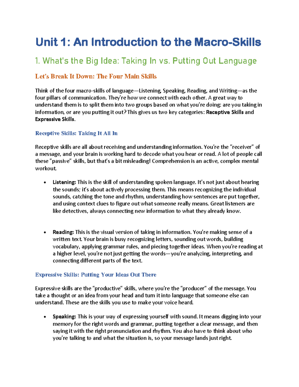 Worksheet 1: Teaching & Assessing Macro Skills in Language - Studocu
