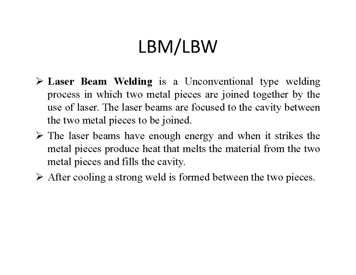 LBM 101: Laser Beam Welding Process and Defects Overview - Studocu