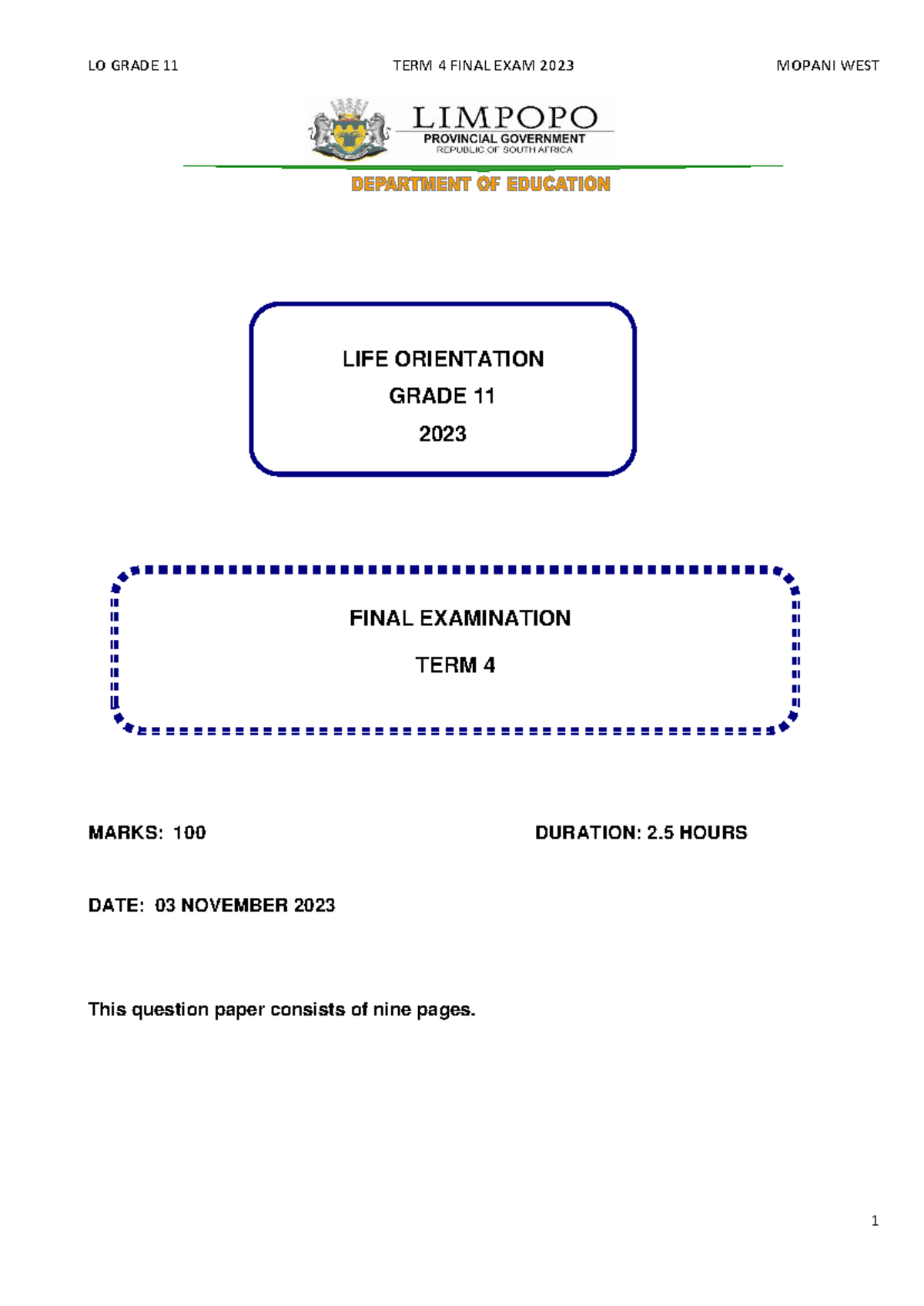 2023 LO GRADE 11 TERM 4 FINAL EXAM QUESTION PAPER - MOPANI WEST - Studocu