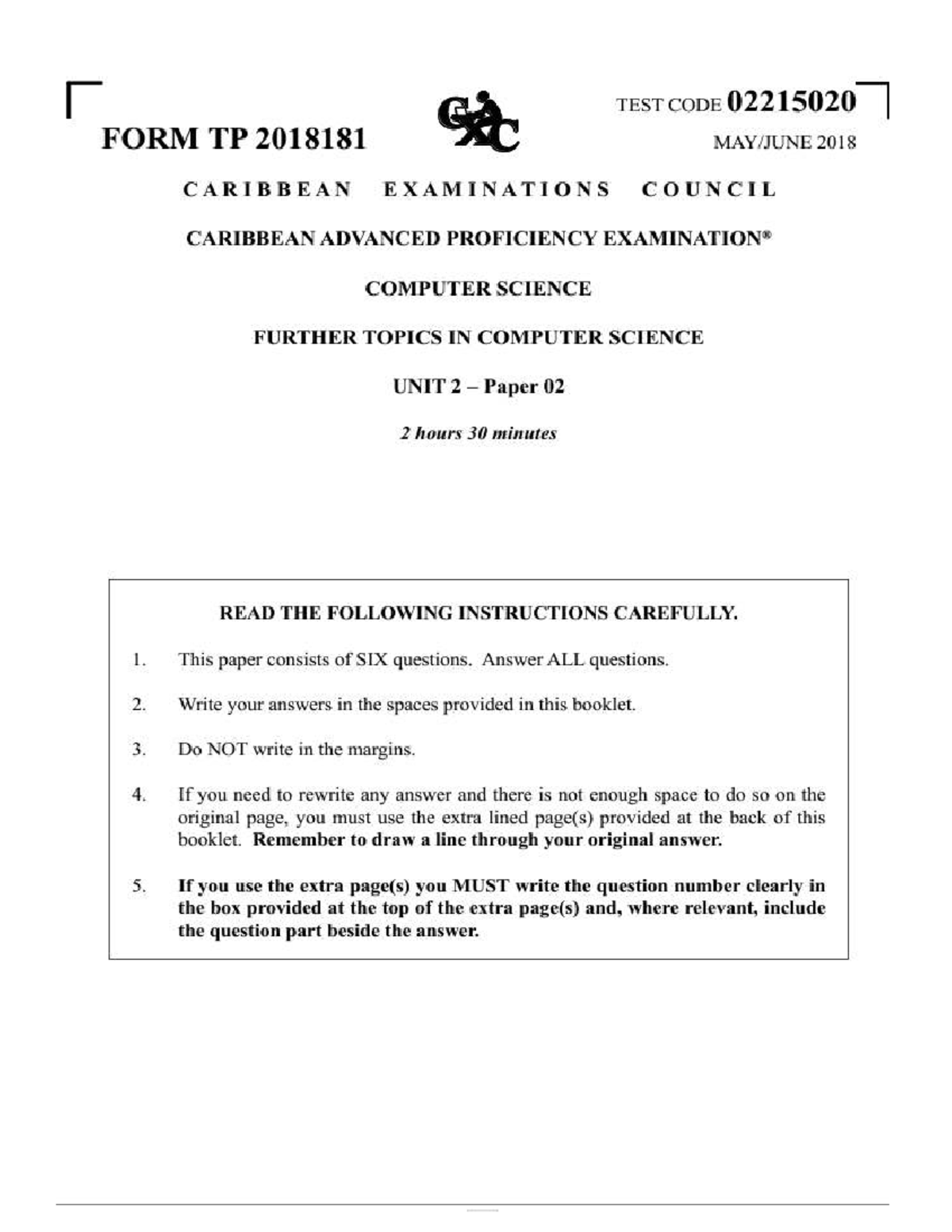 CAPE 02215020 Unit 2 Computer Science Paper 02 Exam Instructions 2018 ...