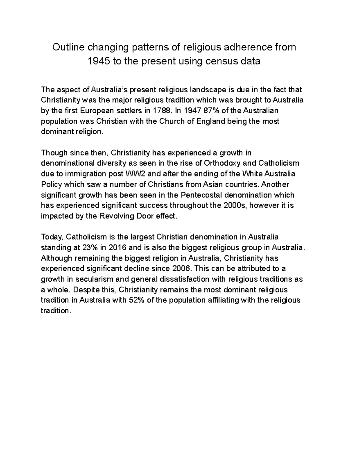 Outline changing patterns of religious adherence from 1945 to the ...