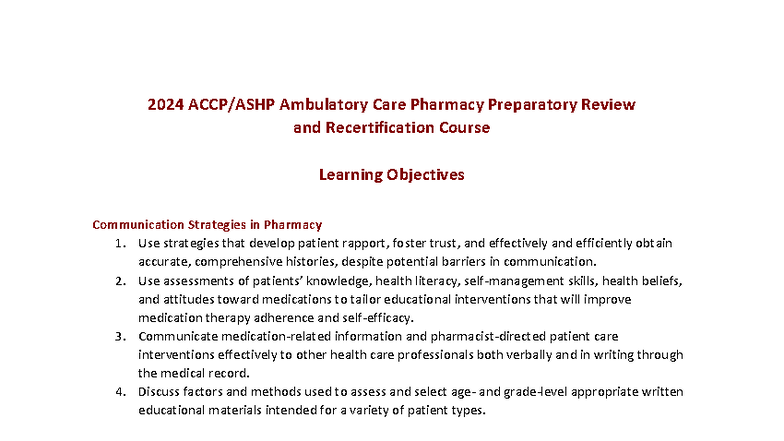 2024 Ambulatory Care Pharmacy Course Learning Objectives Overview - Studocu