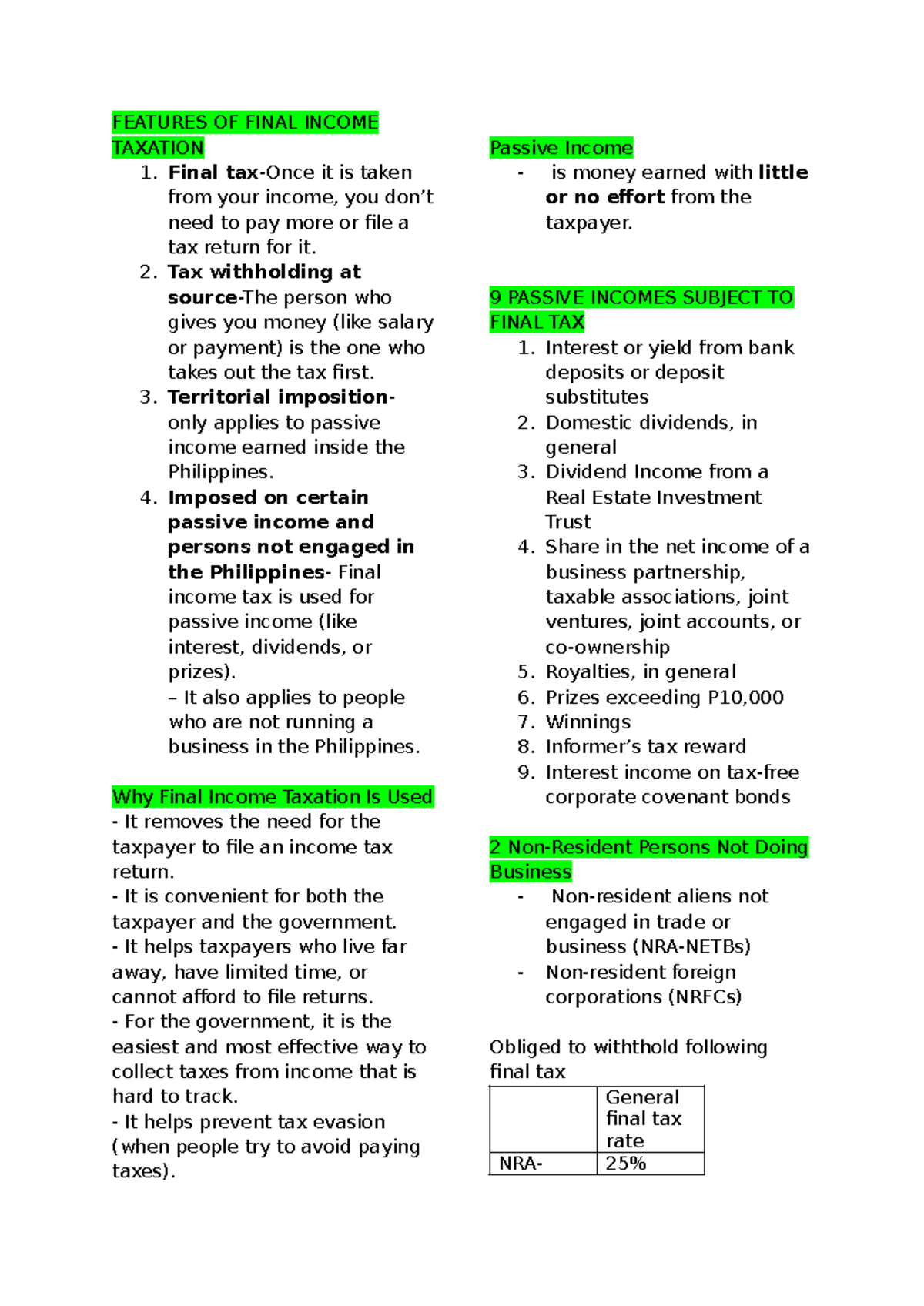 Intax CHAP 5 Notes: Features of Final Income Taxation - Studocu