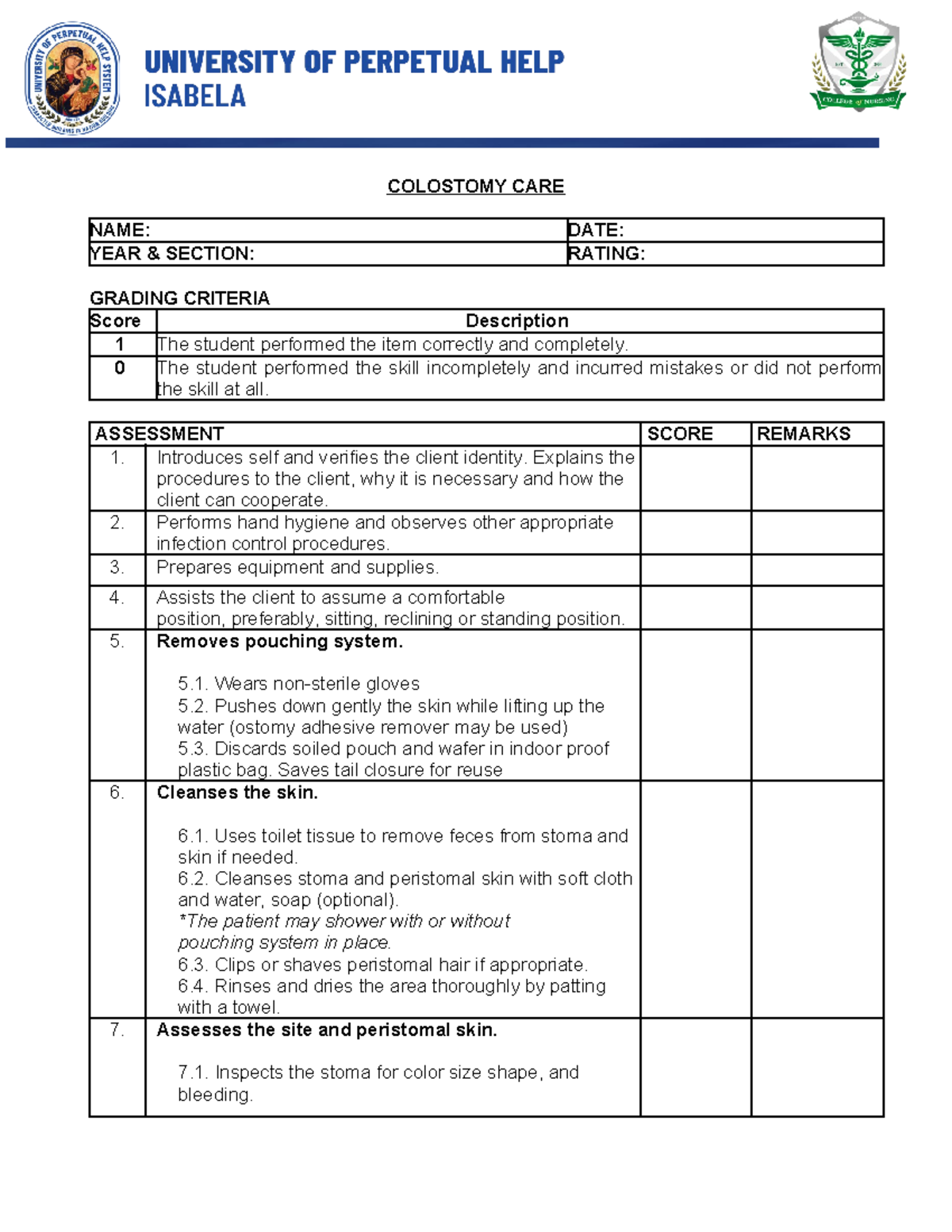 Colostomy Care - Assessment Notes for Nursing Skills - Studocu