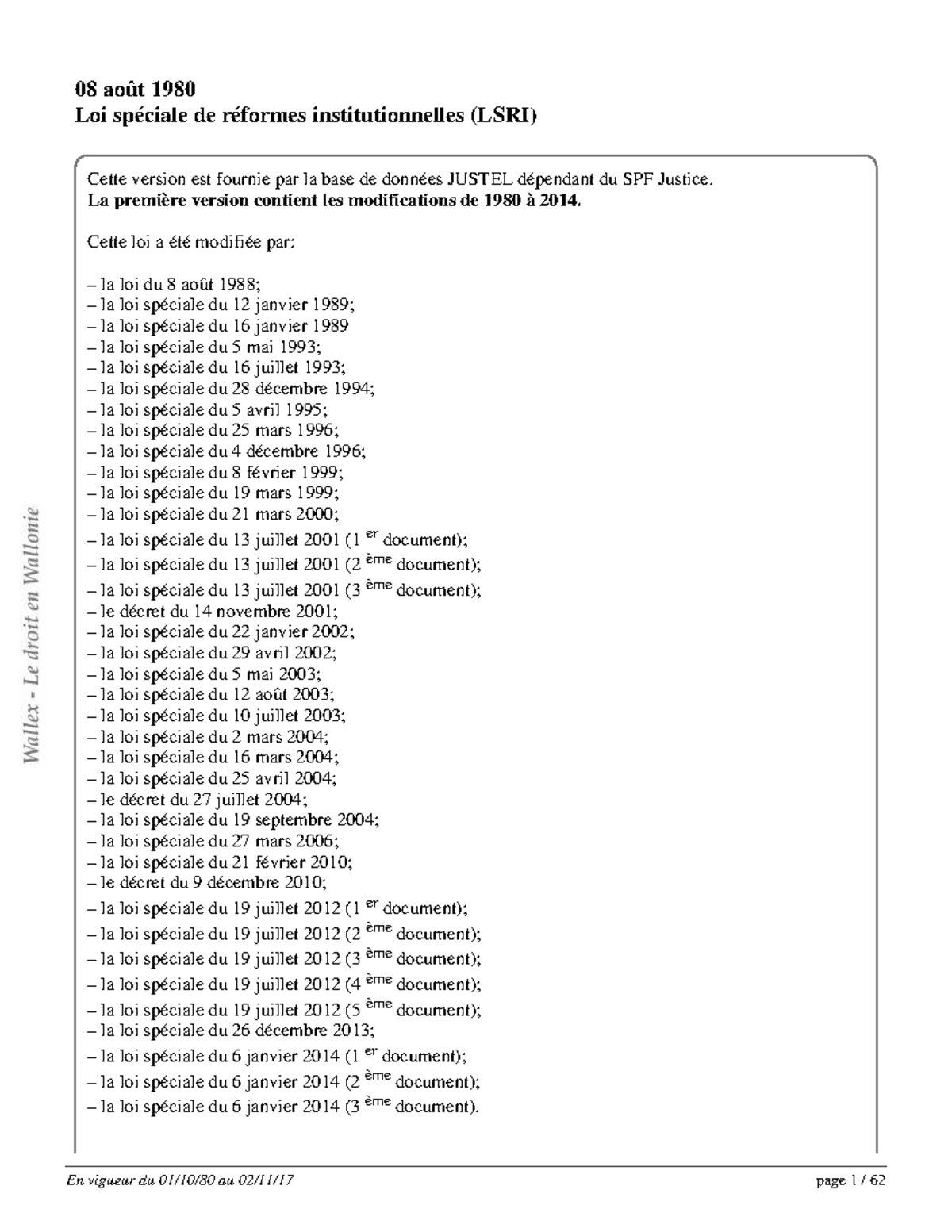 Loi Spéciale de Réformes Institutionnelles (LSRI) 1980-2017 - Studocu