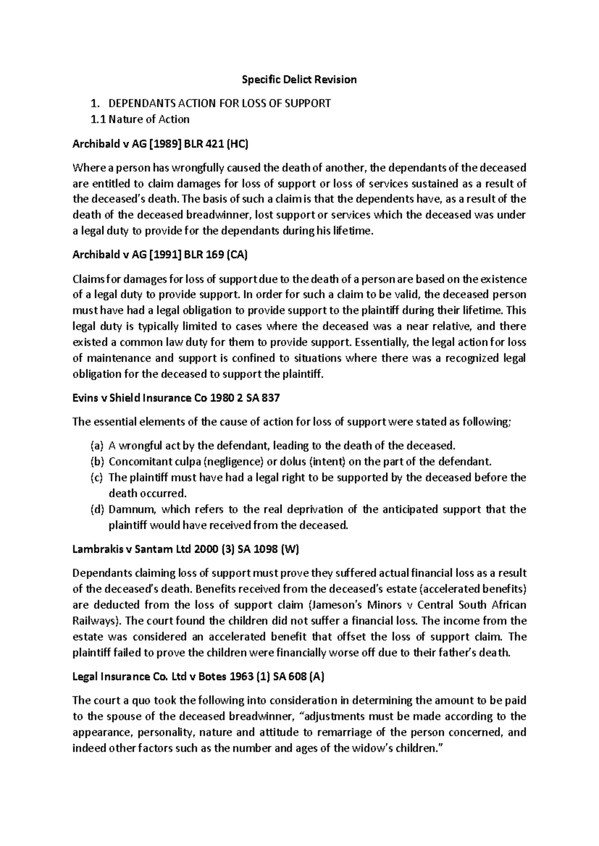 (Revision) Case Summaries on Specific Delicts - Loss of Support (Part 1 ...