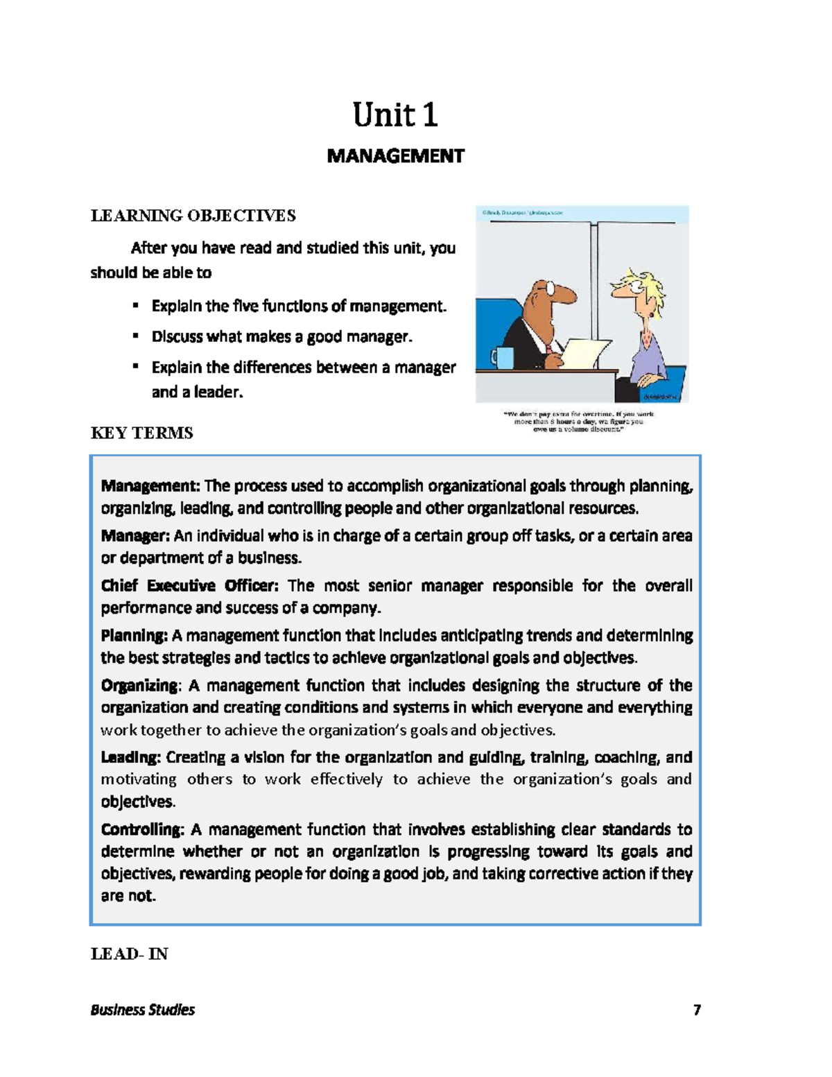 ESP111-Unit-1: Leadership vs. Management - Key Concepts and Case ...