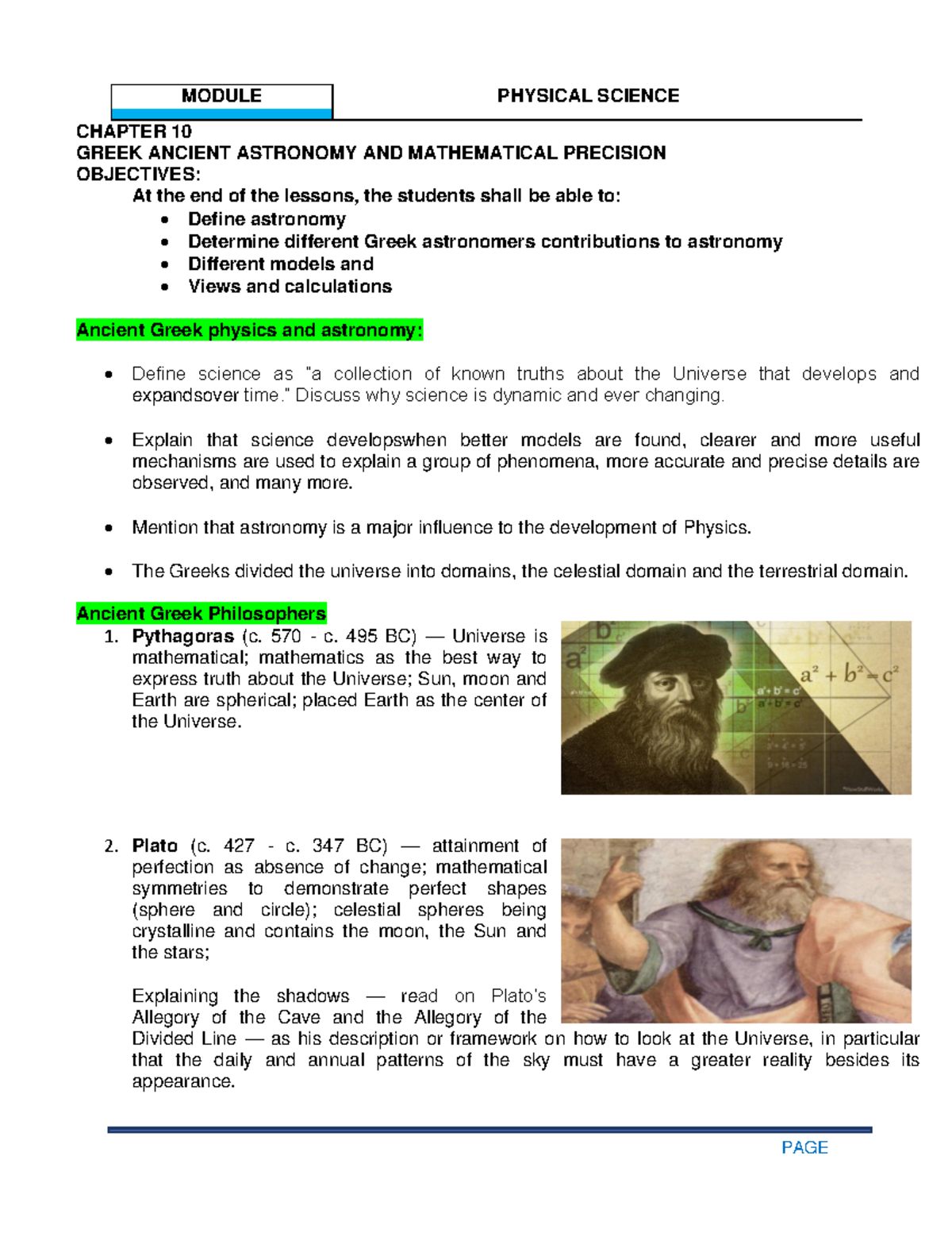 MODULE PHYSICAL SCIENCE CHAPTER 10: GREEK ANCIENT ASTRONOMY & PHYSICS ...