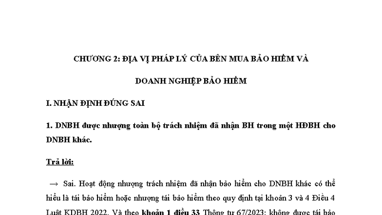 Bài Tập Chương 2: Địa Vị Pháp Lý Trong Kinh Doanh Bảo Hiểm (KDBH) - Studocu