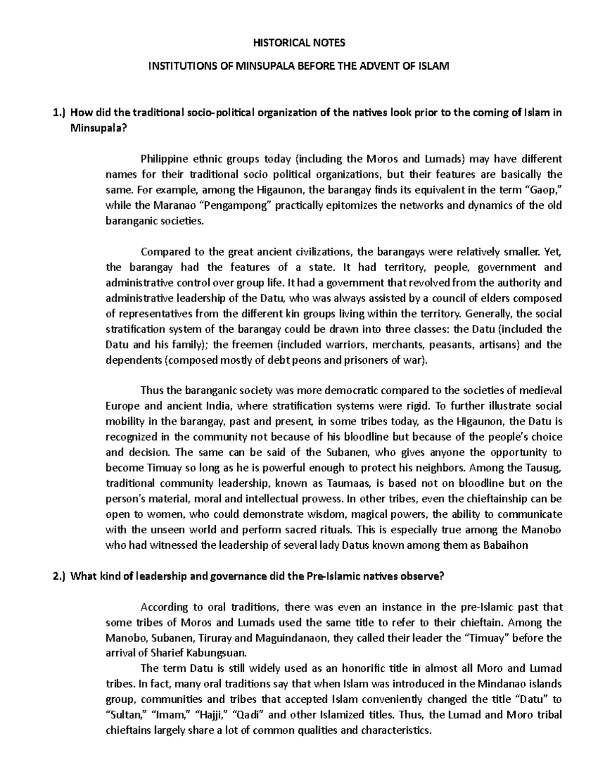 HIST 101: Indigenous Governance and Religions in Pre-Islamic Minsupala ...