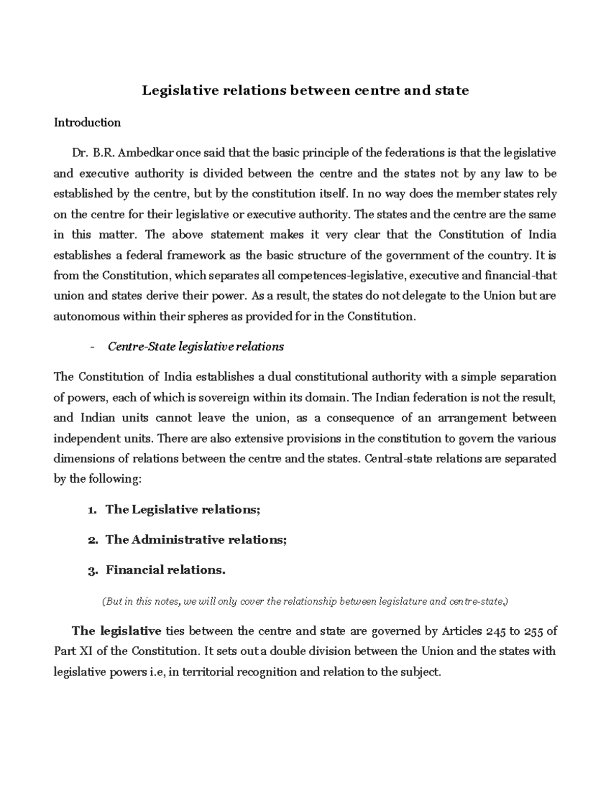 Legislative relations between centre and state - Legislative relations ...