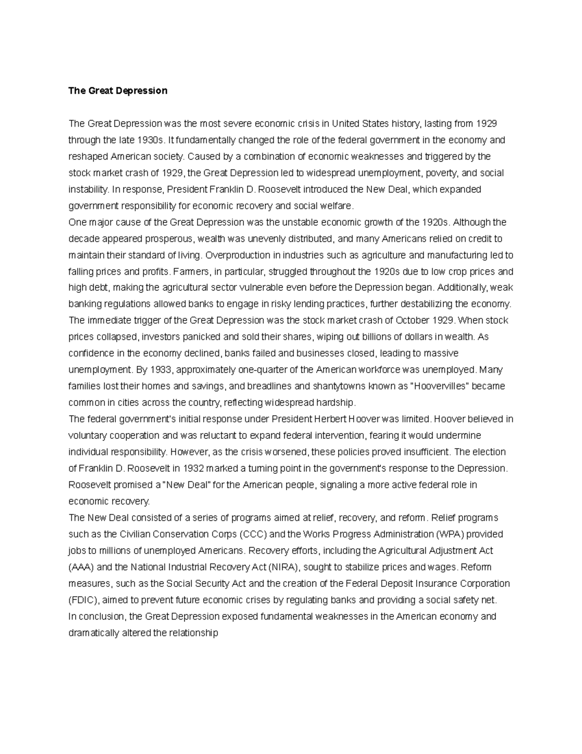 AP US History Essay: The Great Depression Overview and Impact - Studocu