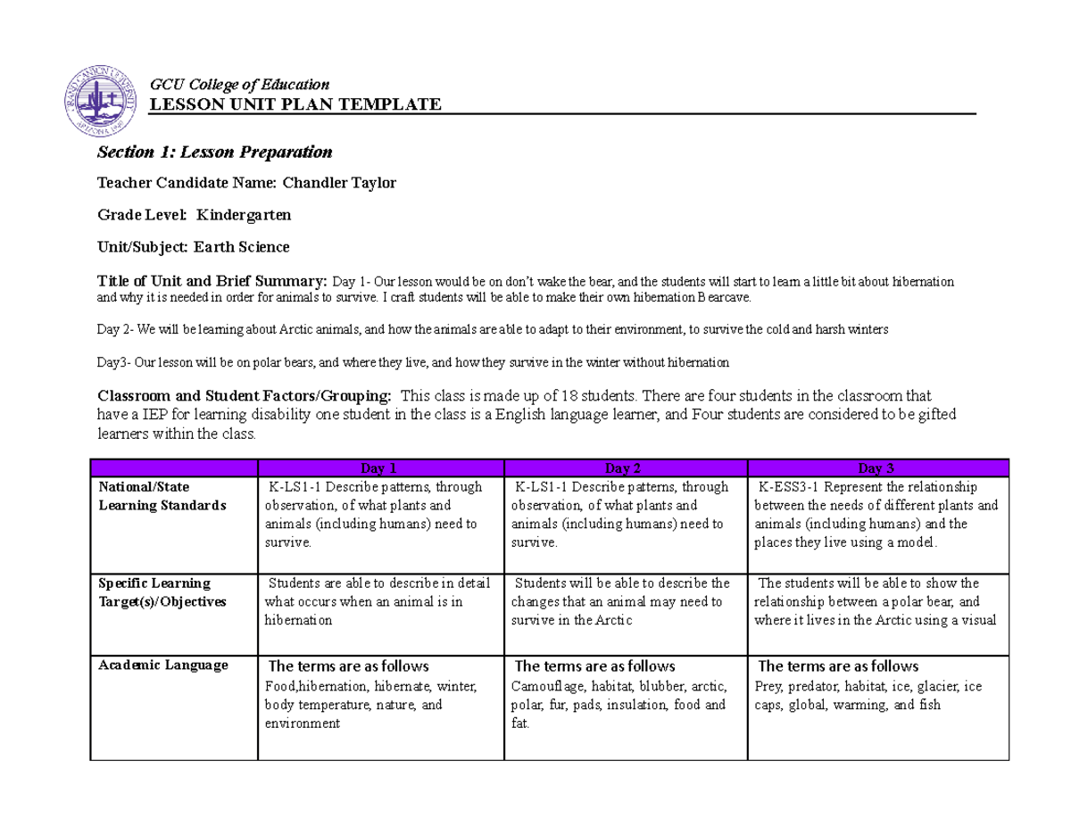 KNDG 3-Day Earth Science Unit Plan: Hibernation & Arctic Animals - Studocu