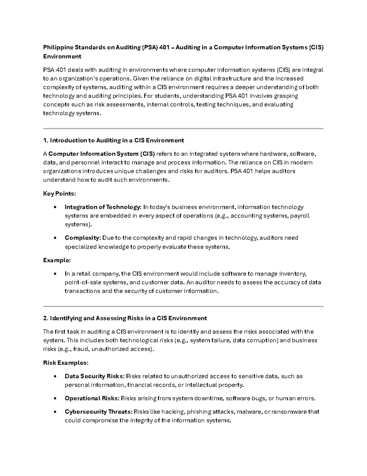 PSA 401 & PAPS 1009: Auditing in Computer Information Systems (CIS) - Studocu