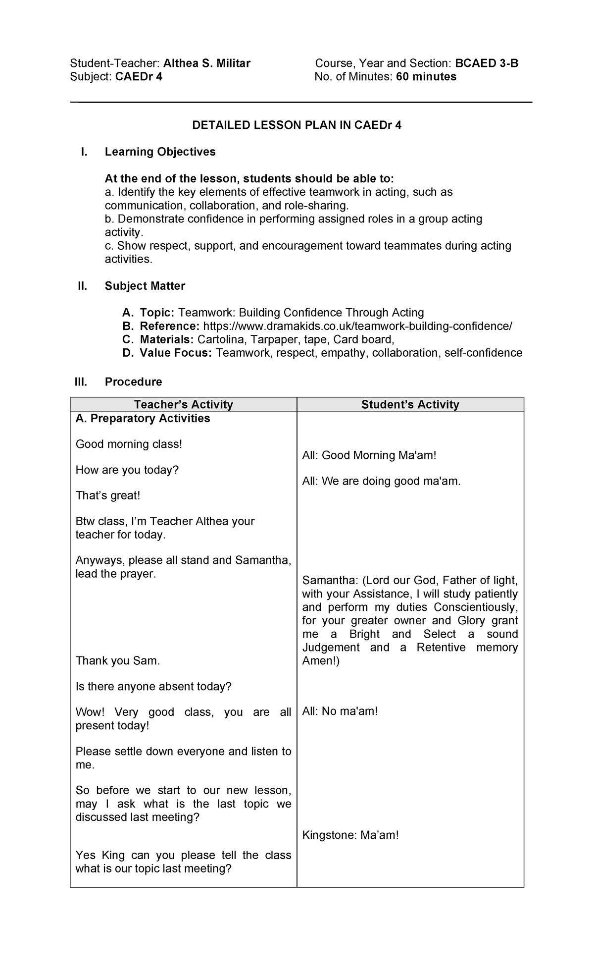 Detailed Lesson Plan: Teamwork & Confidence in Acting (CAEDr 4) - Studocu